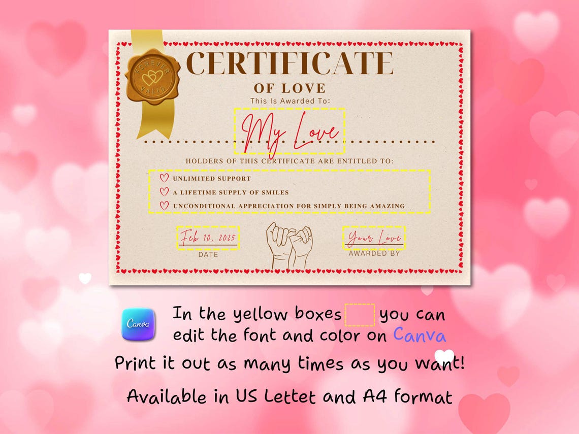 Editable Love Certificate Template: Printable Gift for Couples (canva ...