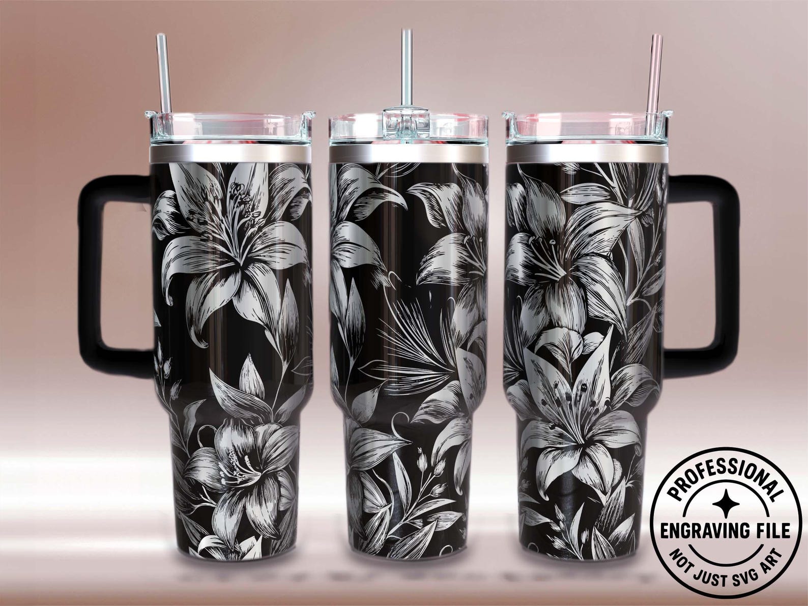 Flowers Engraved Tumbler SVG, Seamless Lilies Tumbler Design, 40oz ...