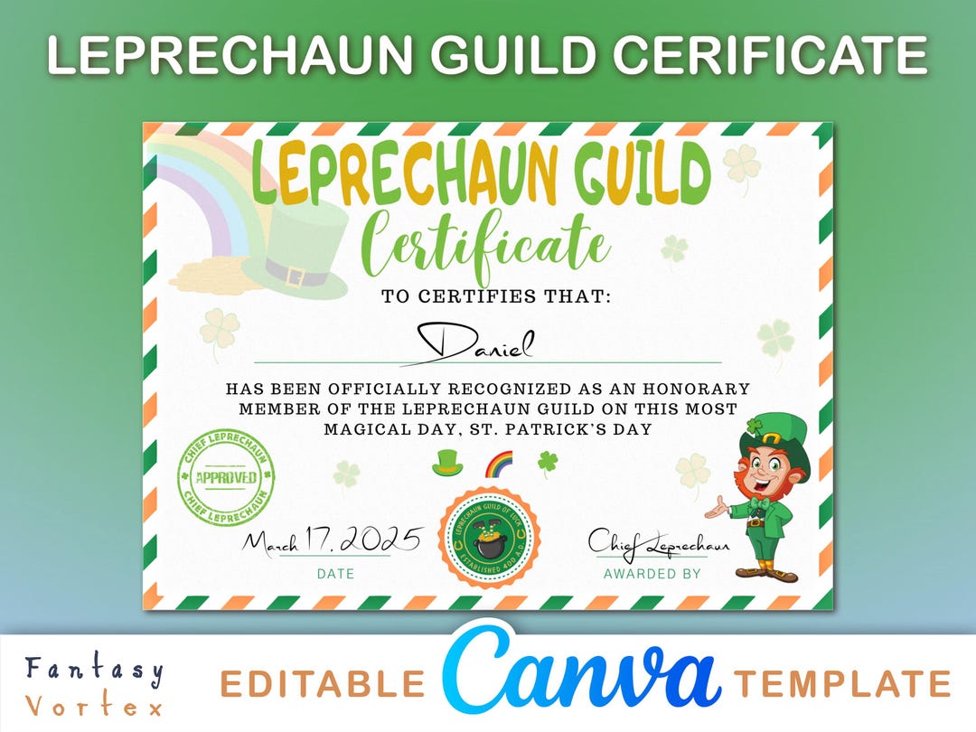 Editable Leprechaun Guild Certificate Kids' St. Patrick's Day Printable ...