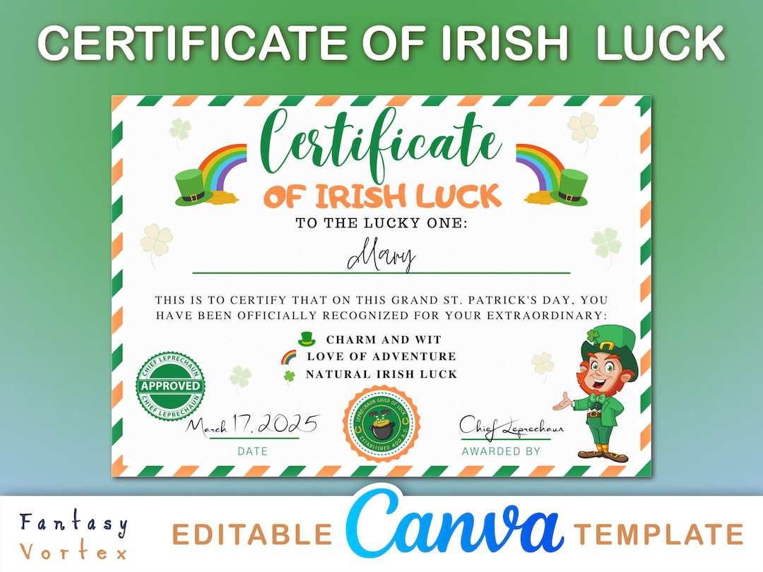 Certificate of Irish Luck | Editable Leprechaun Certificate Canva ...