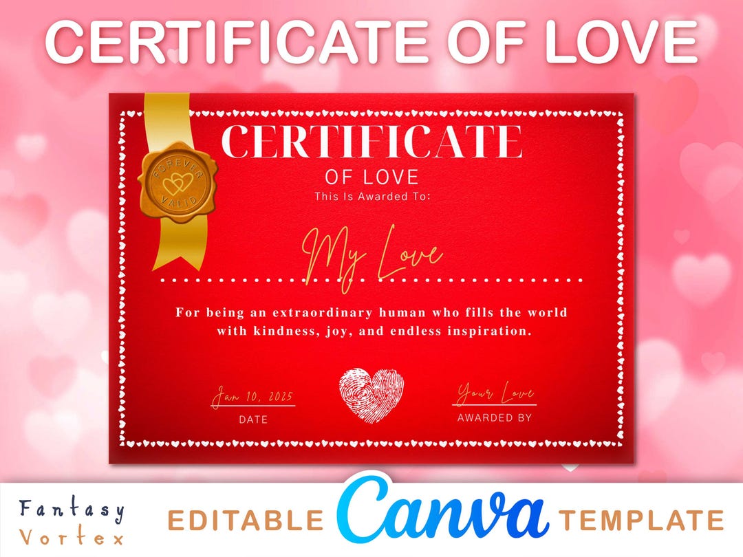 Editable Love Certificate Template: Printable Gift for Couples (canva ...