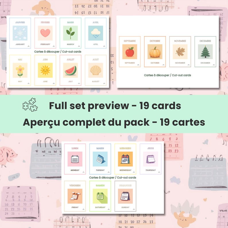 French English Flashcards Days and Months, Bilingual Calendar Cards ...