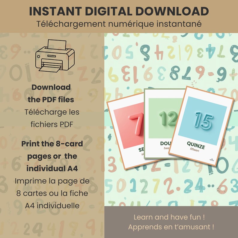 English-french Numbers Flashcards – Bilingual Montessori Printable for ...