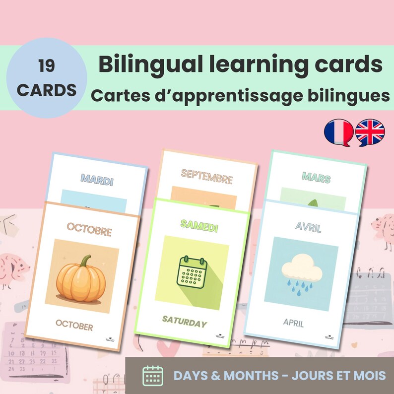 French English Flashcards Days and Months, Bilingual Calendar Cards ...