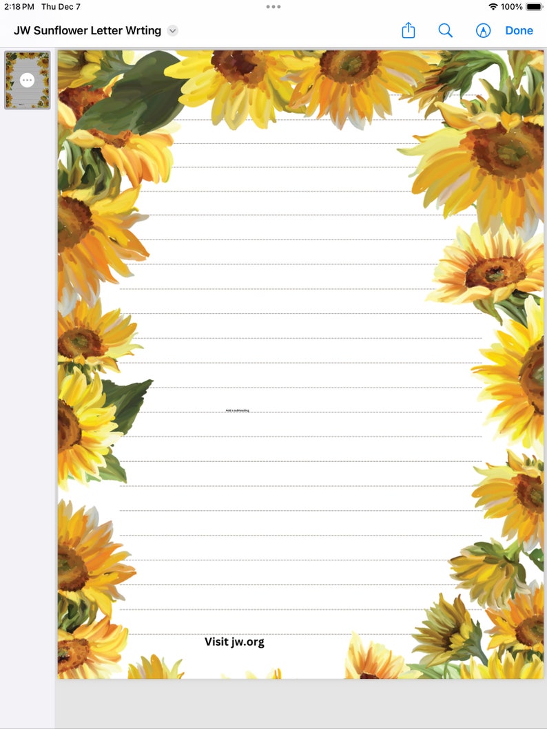 JW Sunflower Letter Writing Printable Stationary - Etsy