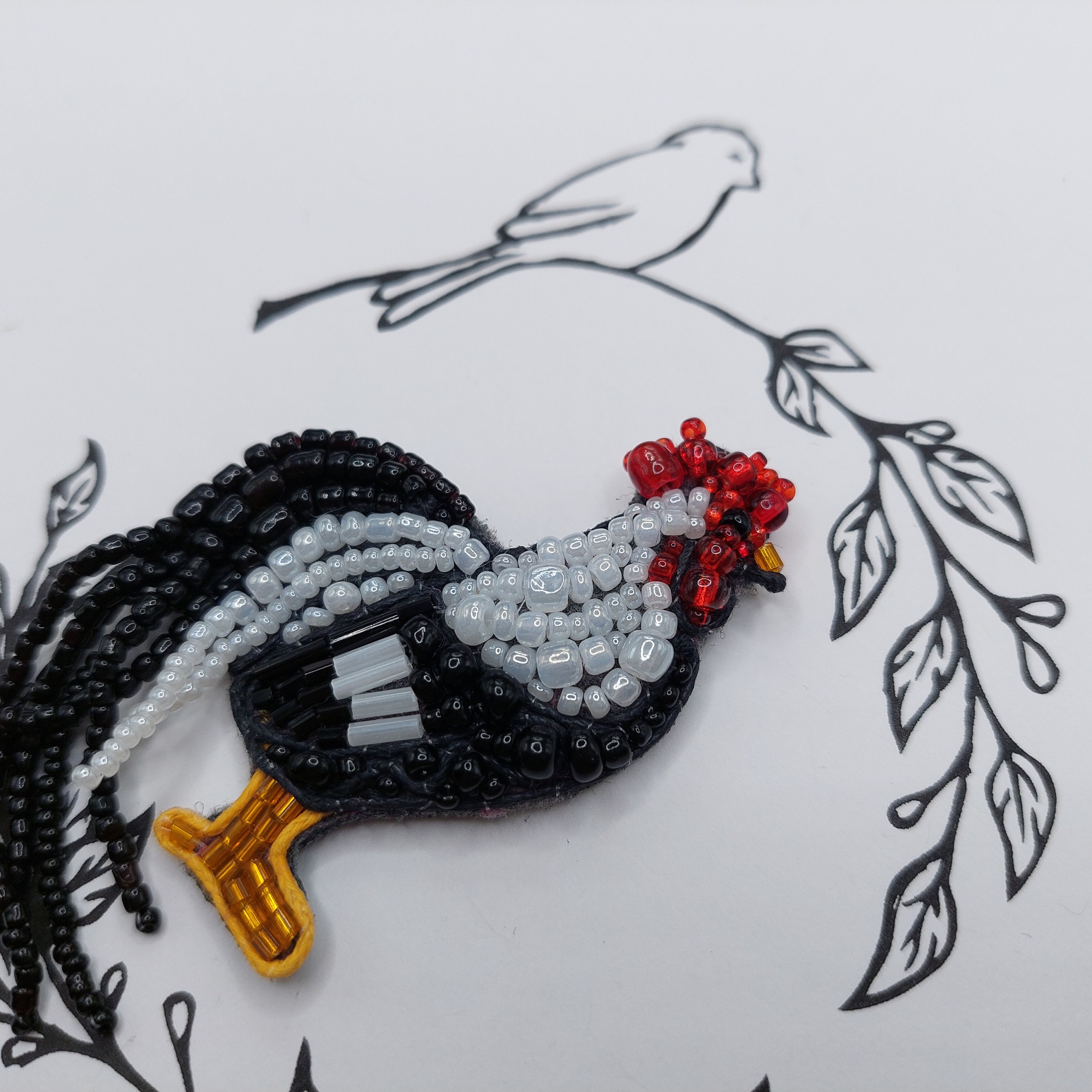 Japanese Long-tailed Rooster Onagadori Chicken Beaded Brooch ...