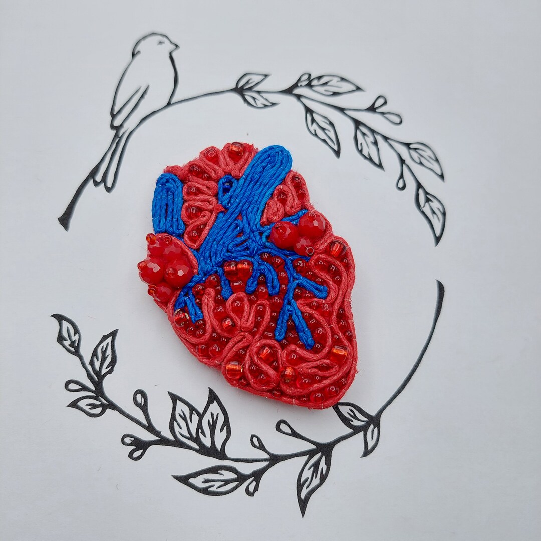 Red Heart Accessory , Beaded Brooch Embroidered Brooch Anatomical Heart ...