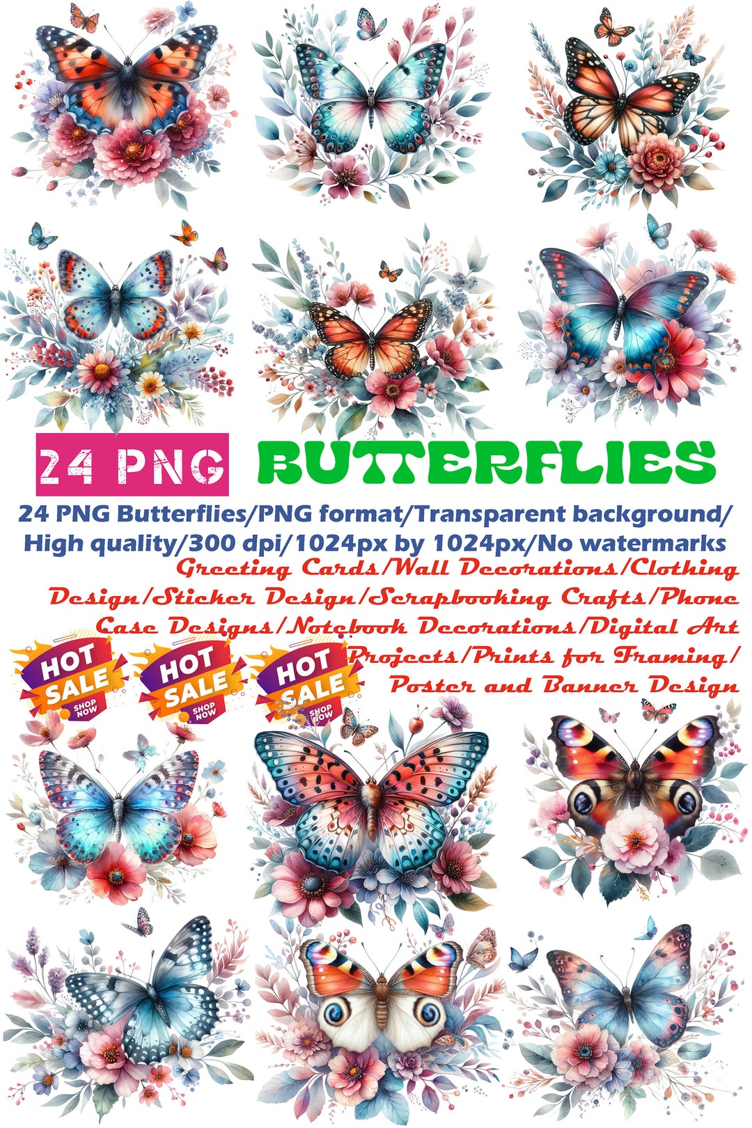 Watercolor Floral Butterfly Clipart: 24 High Quality Transparent Png ...