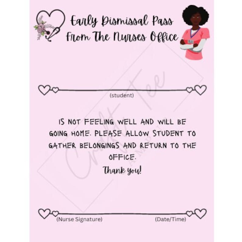 School Nurse Pass, Student Sick Note, Pass for Student, School Nurse ...