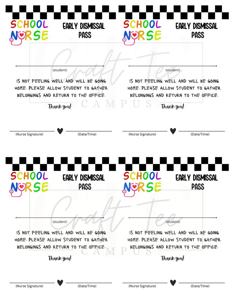 School Nurse Pass, School Nurse Note to Teacher, Nurse Office Supplies ...