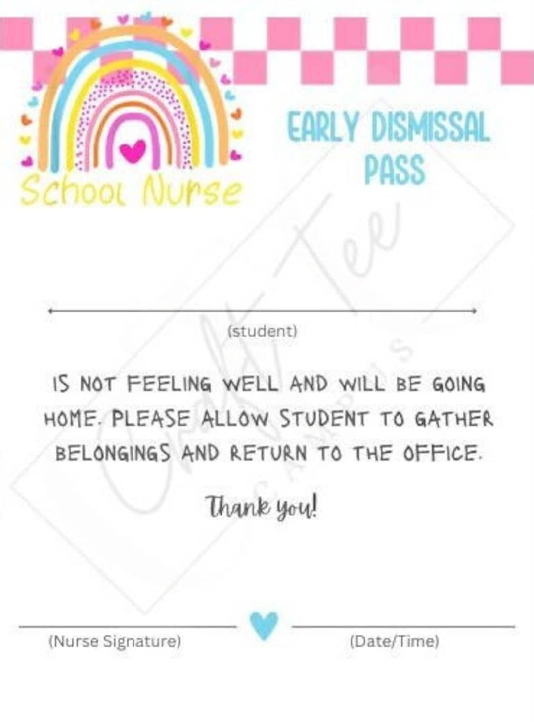 School Nurse Pass, School Nurse Note to Teacher, Nurse Office Supplies ...