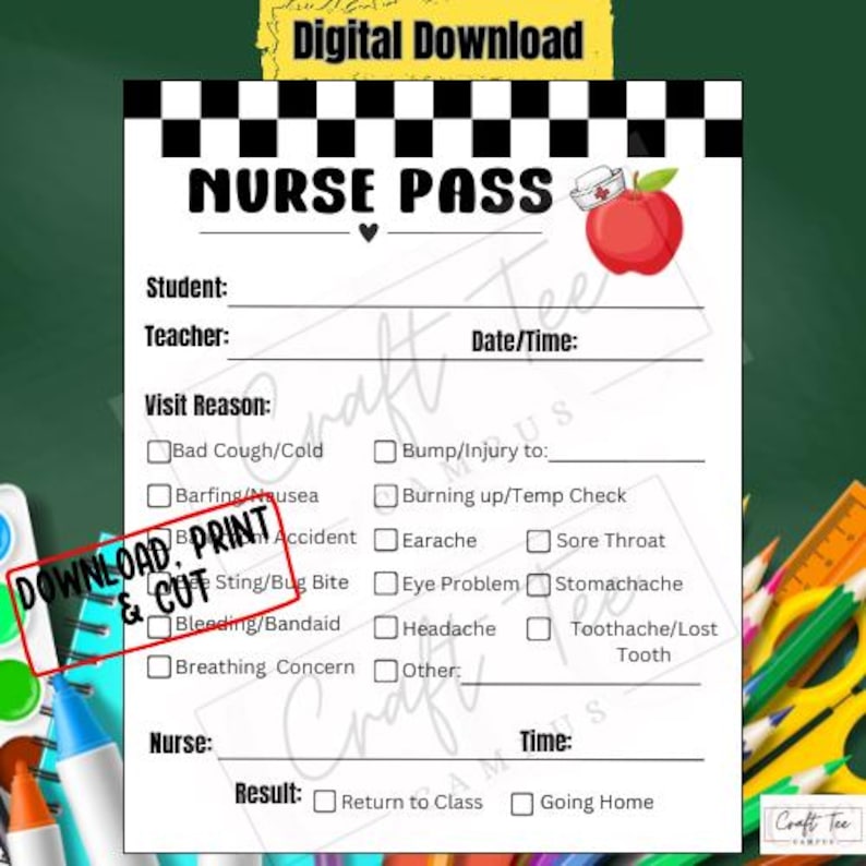 Teacher Pass to Nurse Note From Teacher Organization Supplies Student ...
