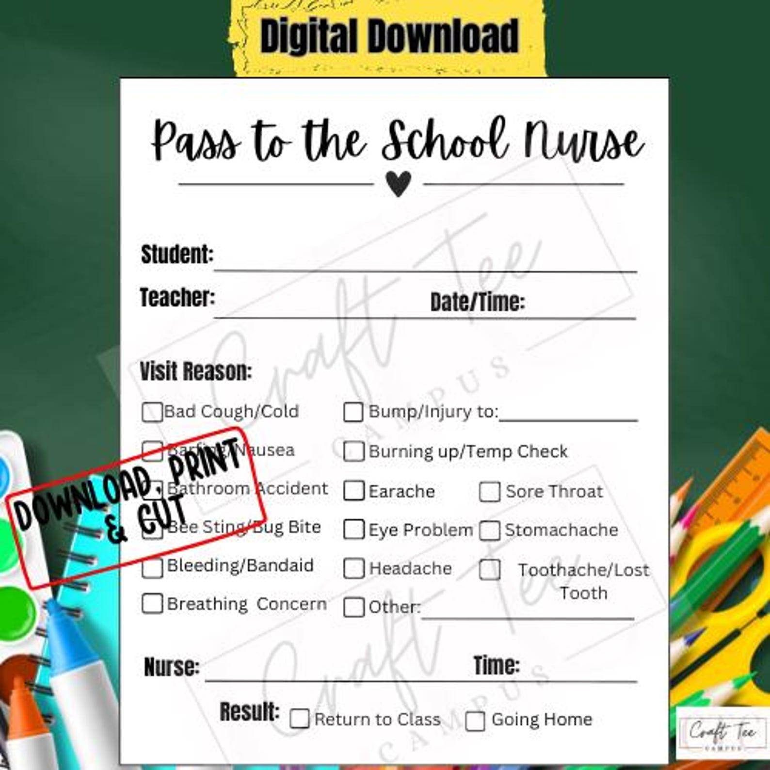 Teacher Pass to Nurse Note From Teacher Organization Supplies Student ...