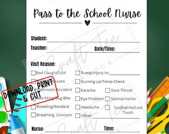 Teacher Pass to Nurse Note From Teacher Organization Supplies Student ...