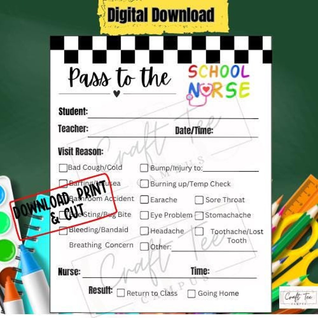 Teacher Pass to Nurse Note From Teacher Organization Supplies Student ...