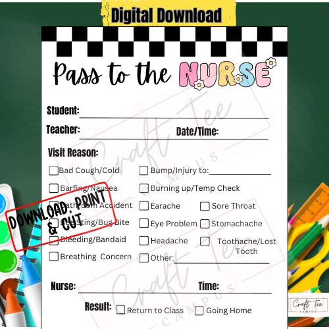 Teacher Pass to Nurse Note From Teacher Organization Supplies Student ...