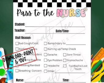 Teacher Pass to Nurse Note From Teacher Organization Supplies Student ...