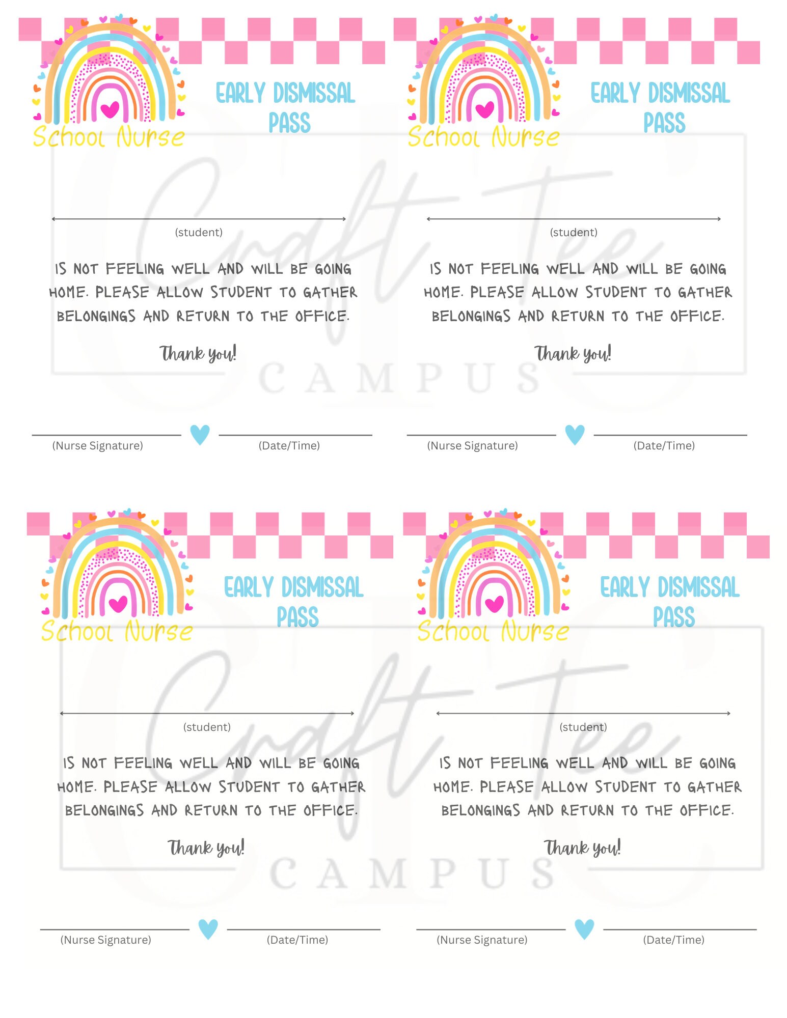 School Nurse Pass, School Nurse Note to Teacher, Nurse Office Supplies ...