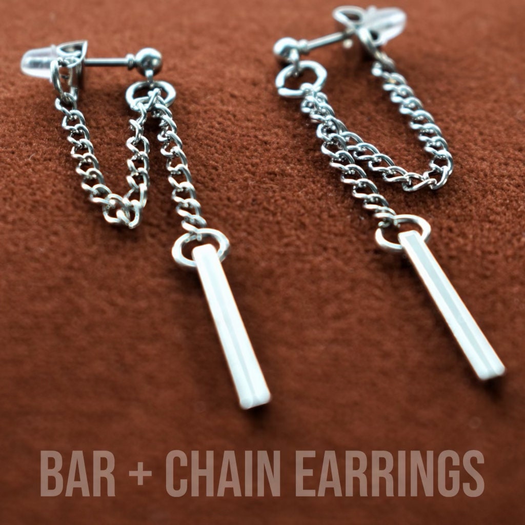 Silver Chain Earrings for Men Unisex Earring Mens Chain Bar Earrings ...