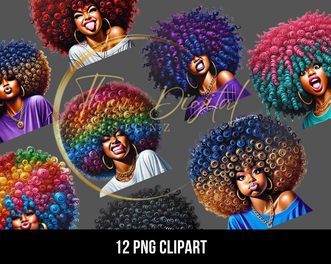 Black Girl Face Card PNG Bundle, Afro Curly Hair Melanin Clipart Set ...
