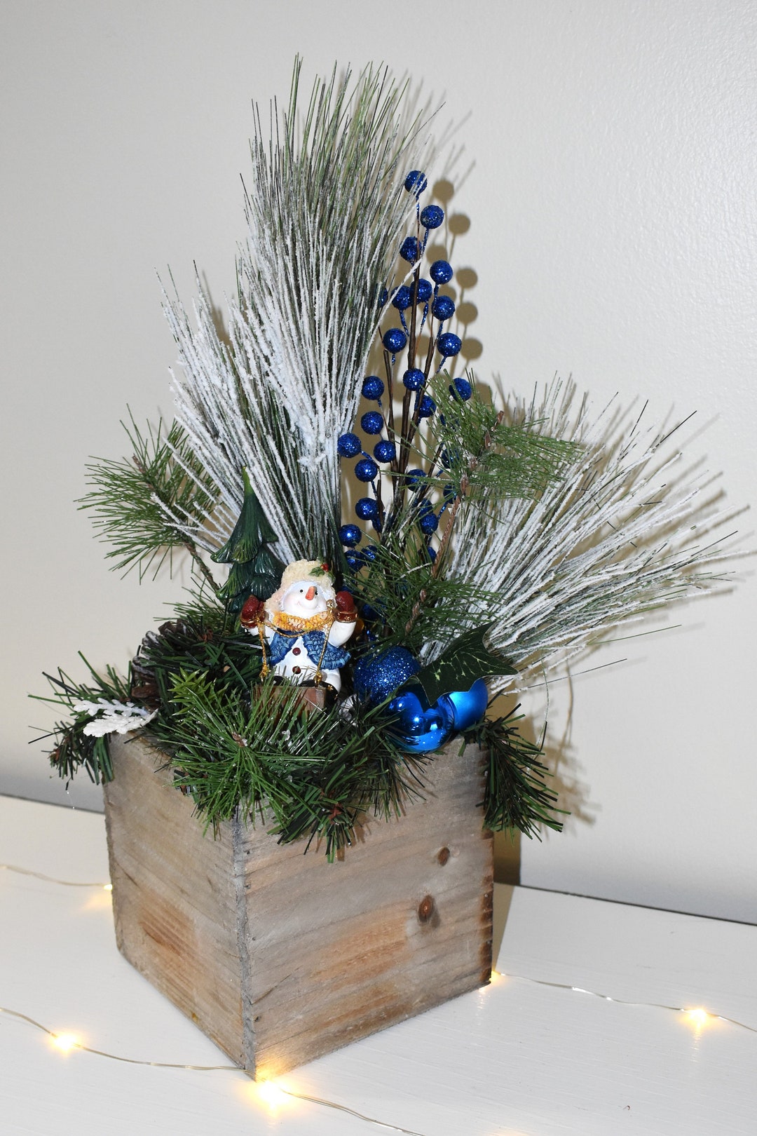 Wooden Box Base With Ceramic Snowman and Tree as Centerpiece. - Etsy