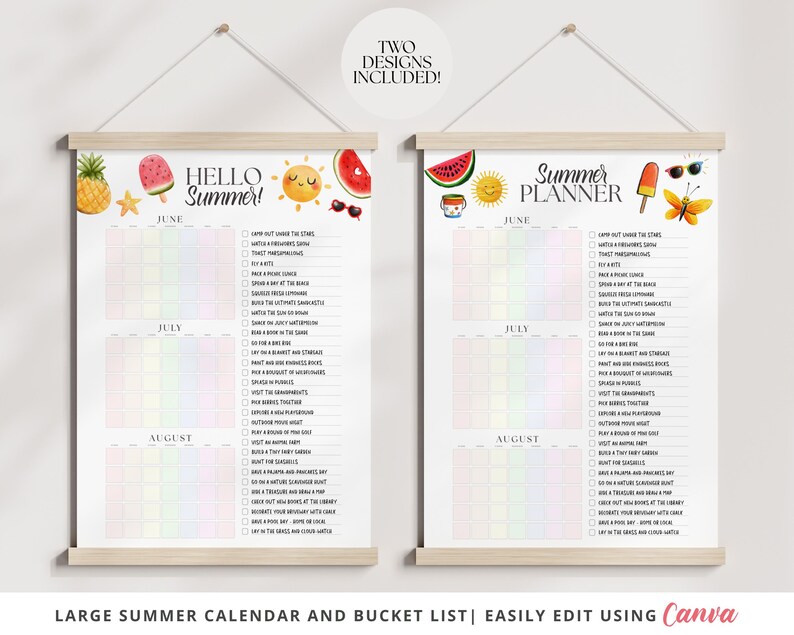 Summer Bucket List and Calendar for Kids, Editable Summer Calendar ...
