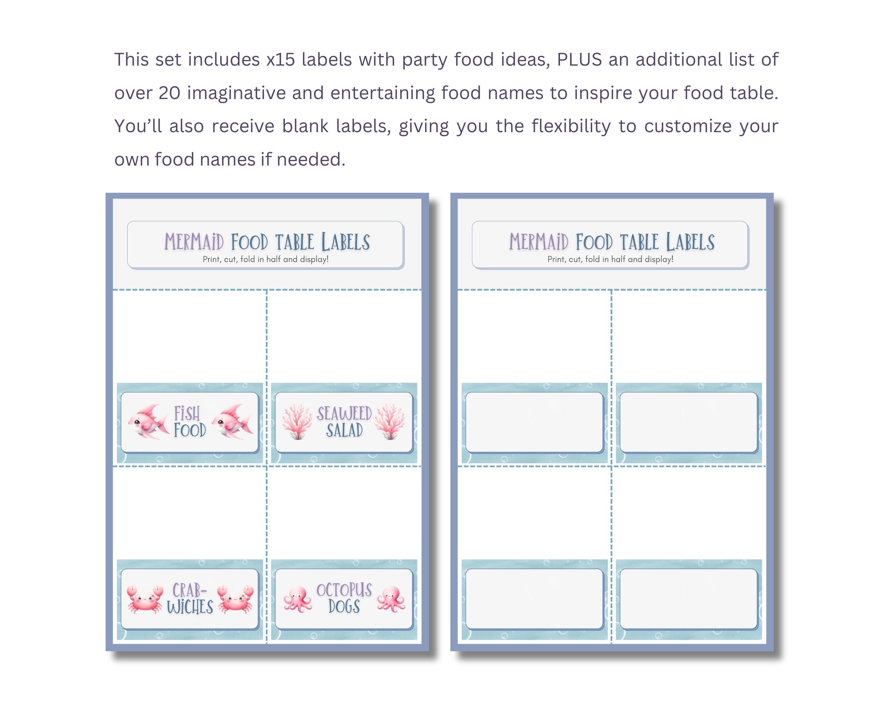 Mermaid Kids Party Food Labels, Printable Party Food Name Cards, Ocean ...