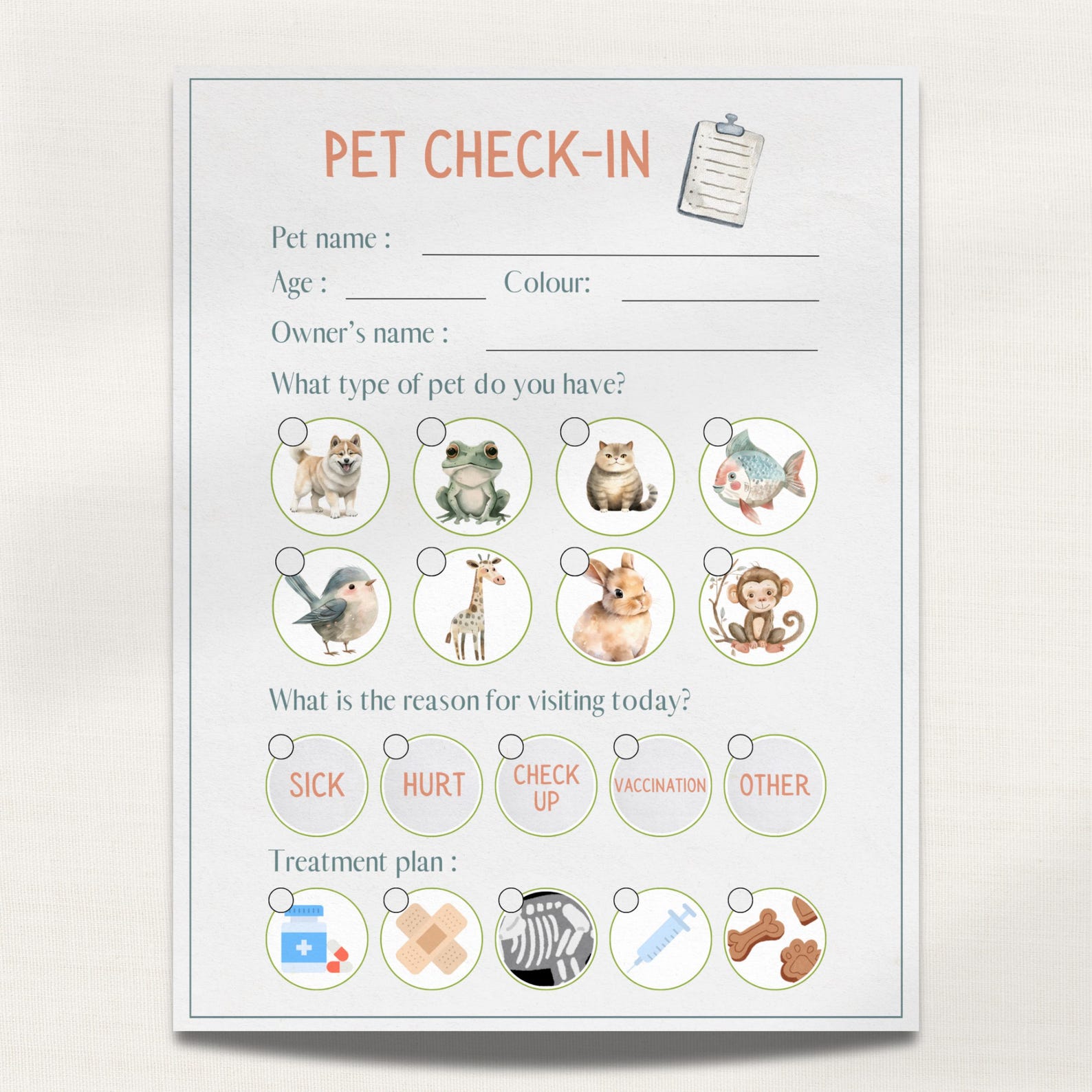 Pretend Play Vet Clinic, Pet Check Form, Kids Dramatic Play Printable ...