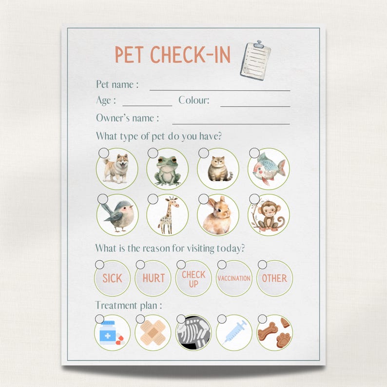 Pretend Play Vet Clinic, Pet Check Form, Kids Dramatic Play Printable ...