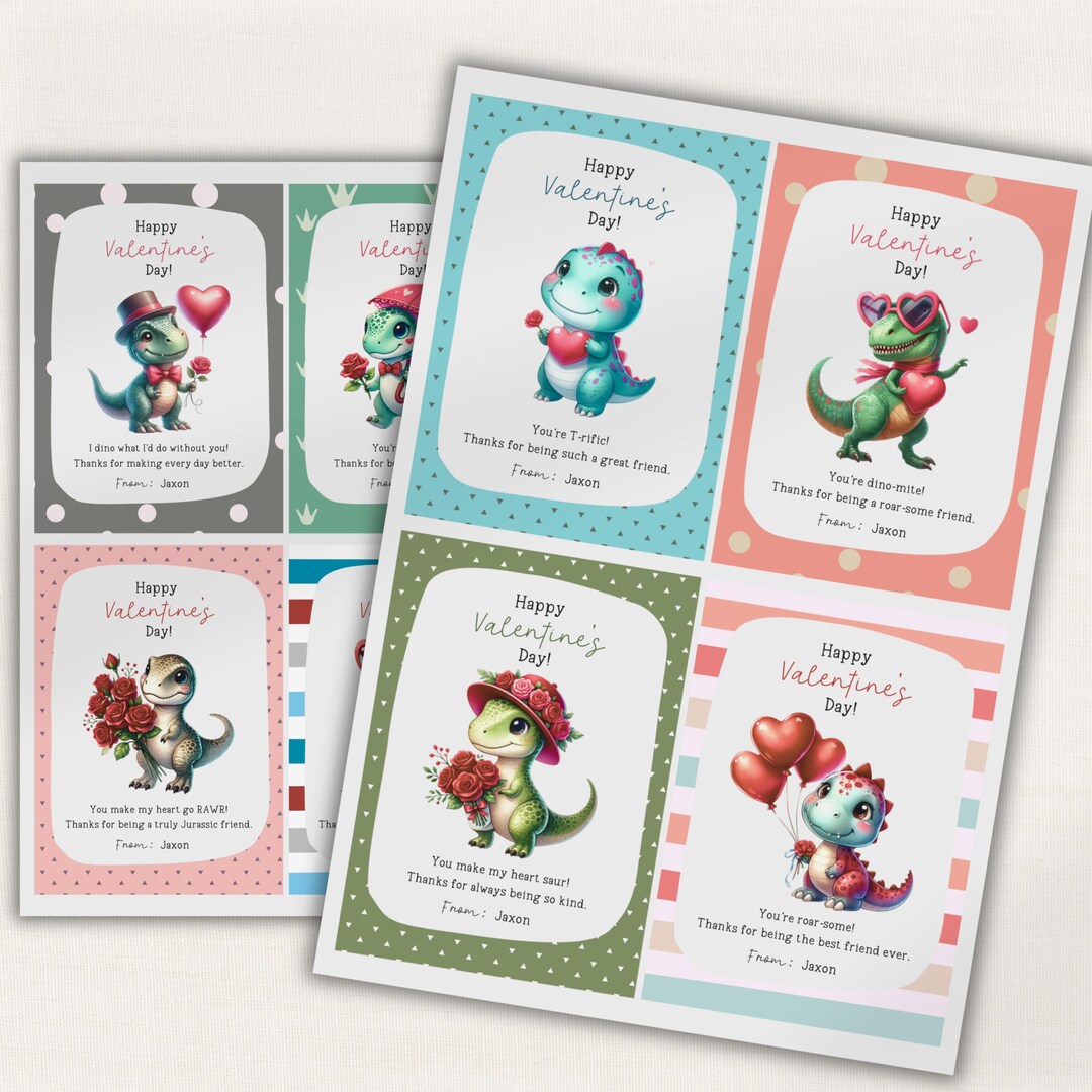 Dinosaur Valentine's Day Cards for Kids, Printable Classroom Cards ...