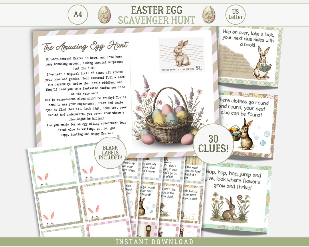 Easter Egg Scavenger Hunt, Printable Treasure Hunt, Kids Easter Bunny ...