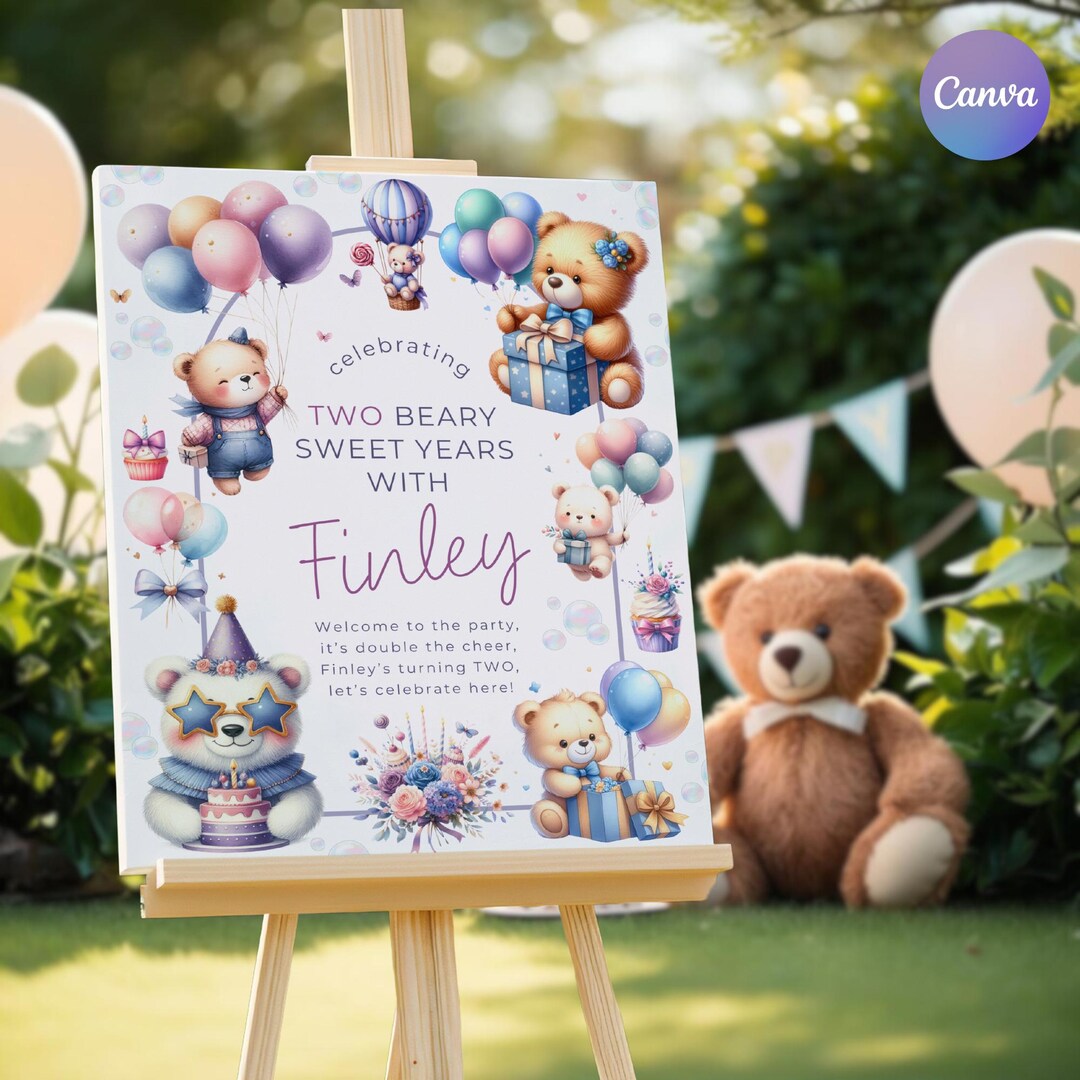 Editable Kids Party Welcome Sign, Customisable Teddy Bear Party Decor ...