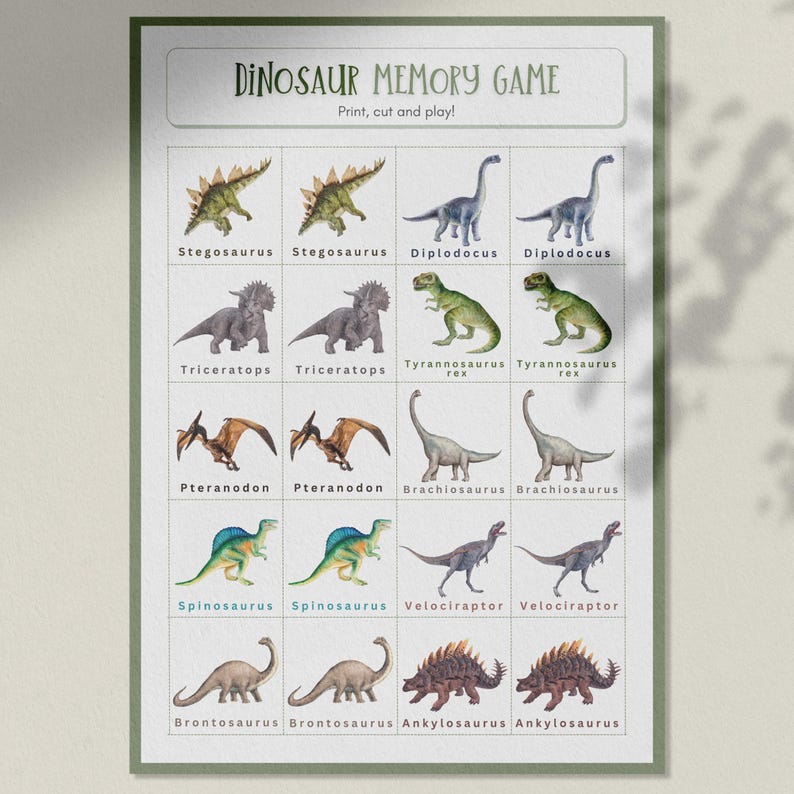 Dinosaur-themed Memory Game Printable Kids Memory Match Game Dinosaur ...