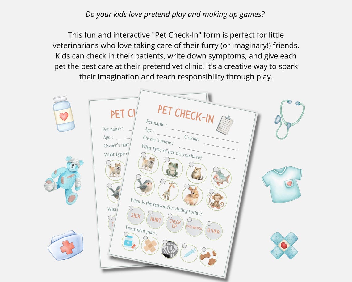 Pretend Play Vet Clinic, Pet Check Form, Kids Dramatic Play Printable ...
