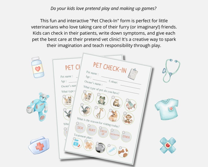 Pretend Play Vet Clinic, Pet Check Form, Kids Dramatic Play Printable ...