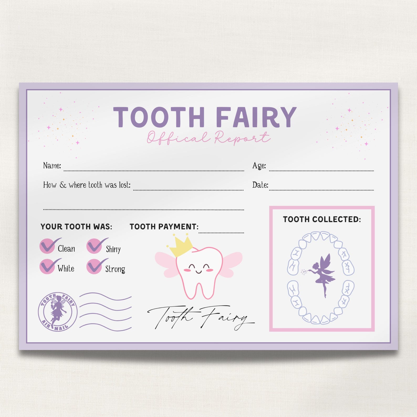 Printable Tooth Fairy Report Card, Kids Lost Tooth Keepsake (digital ...