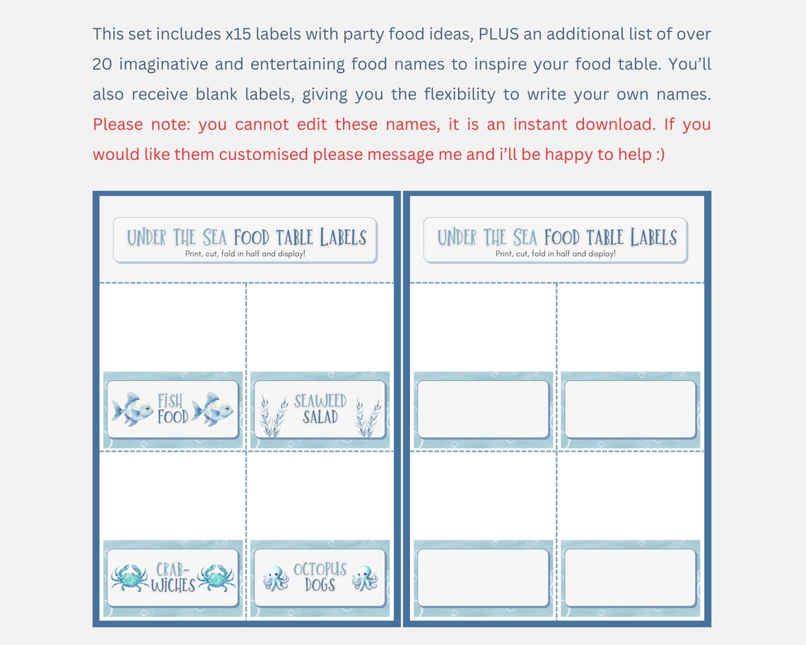 Under the Sea Party Food Labels, Non-editable, Sea Creature Labels ...