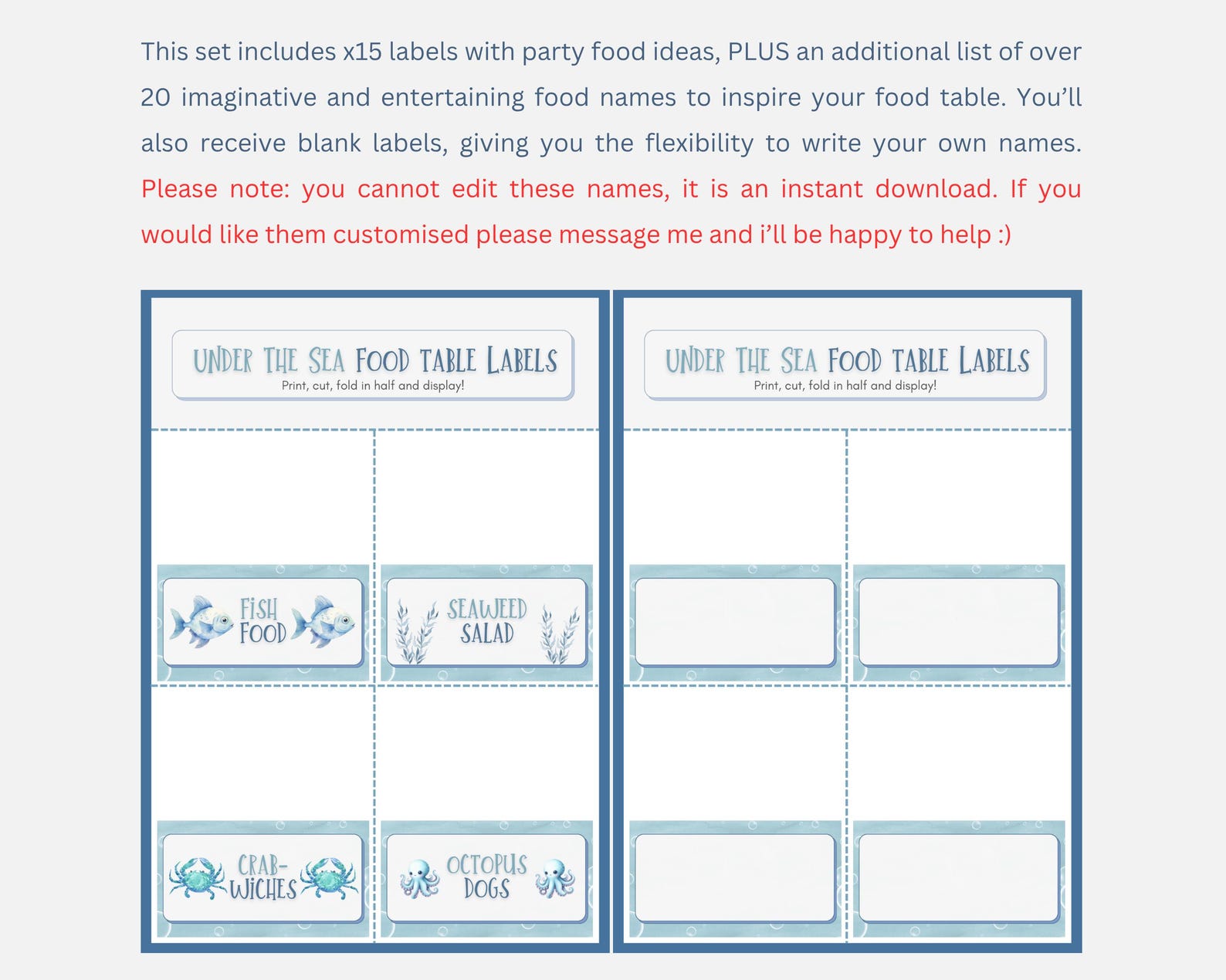 Under the Sea Party Food Labels, Non-editable, Sea Creature Labels ...