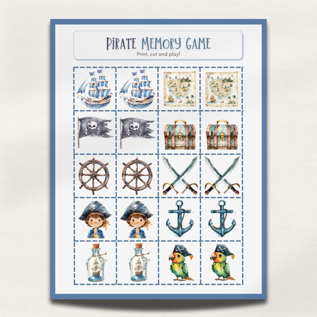 Pirate Memory Game, Kids Party Printable, Treasure Hunt Activity, Ocean ...