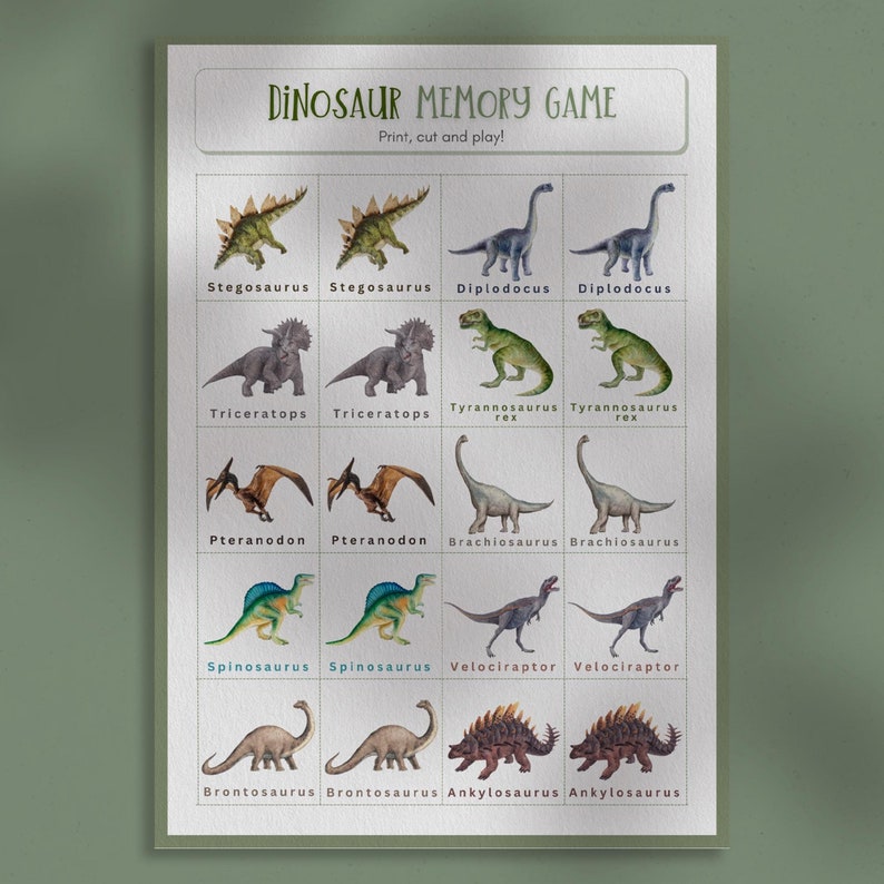 Dinosaur-themed Memory Game Printable Kids Memory Match Game Dinosaur ...