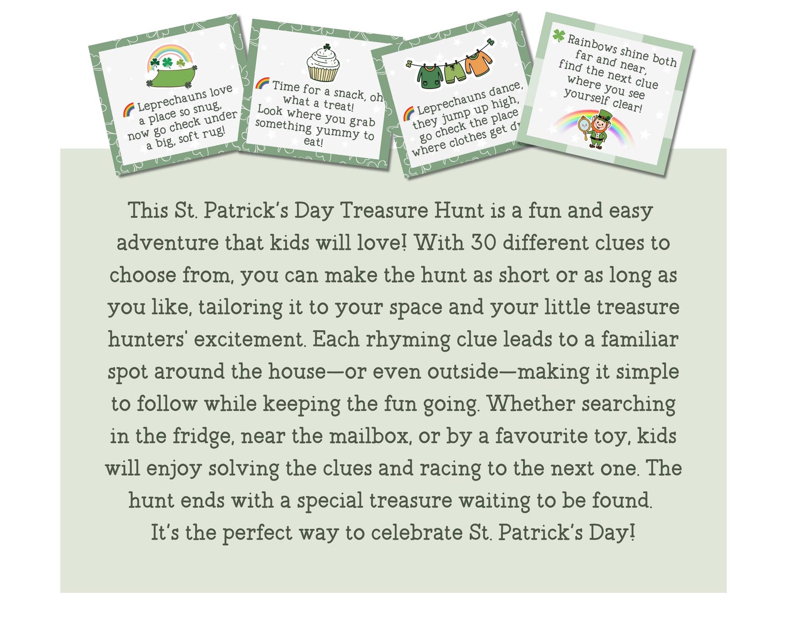 St. Patrick's Day Treasure Hunt, Printable Scavenger Hunt Clues, Kids ...
