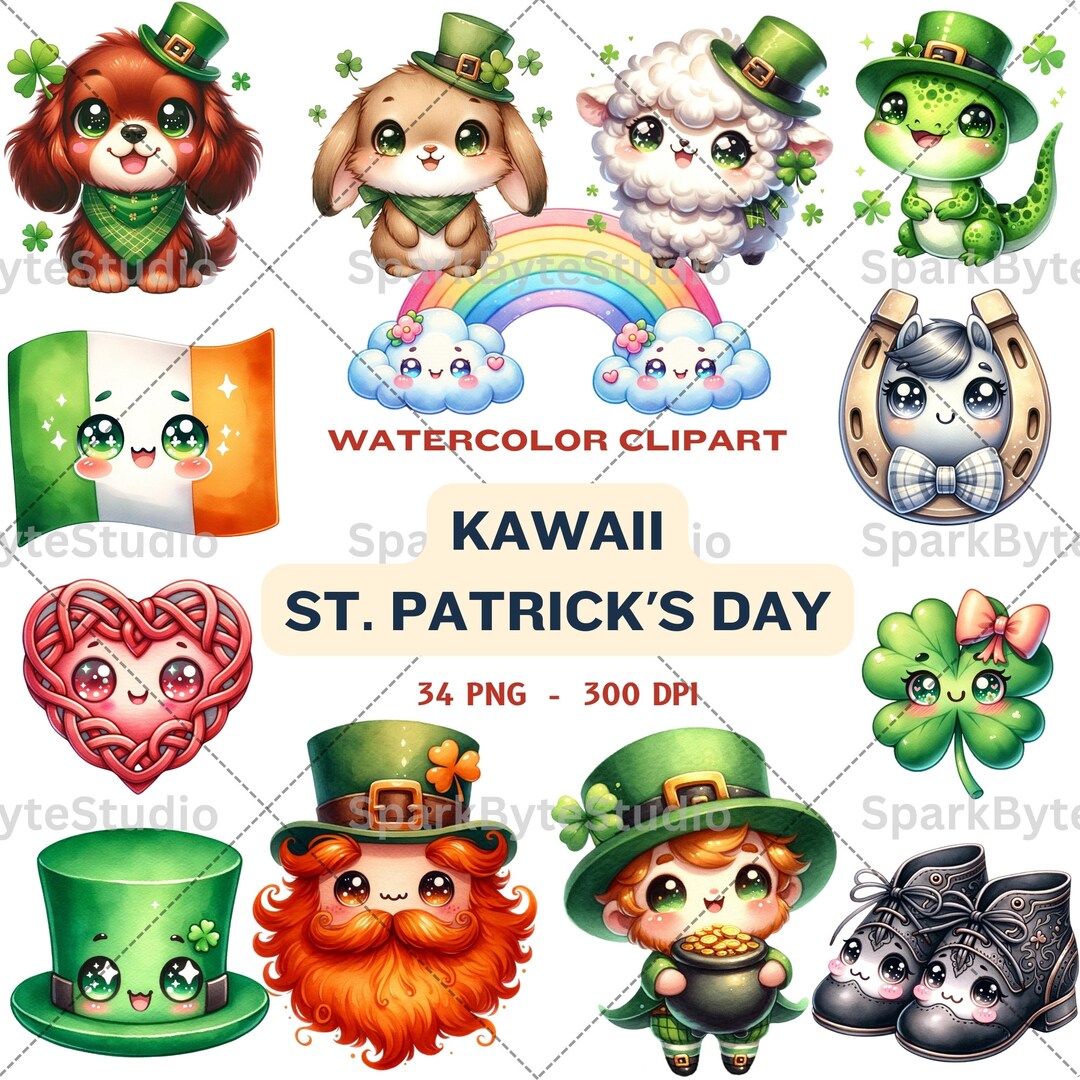 St. Patrick Day Kawaii Watercolor Clipart, Leprechaun, Shamrock, Clover ...