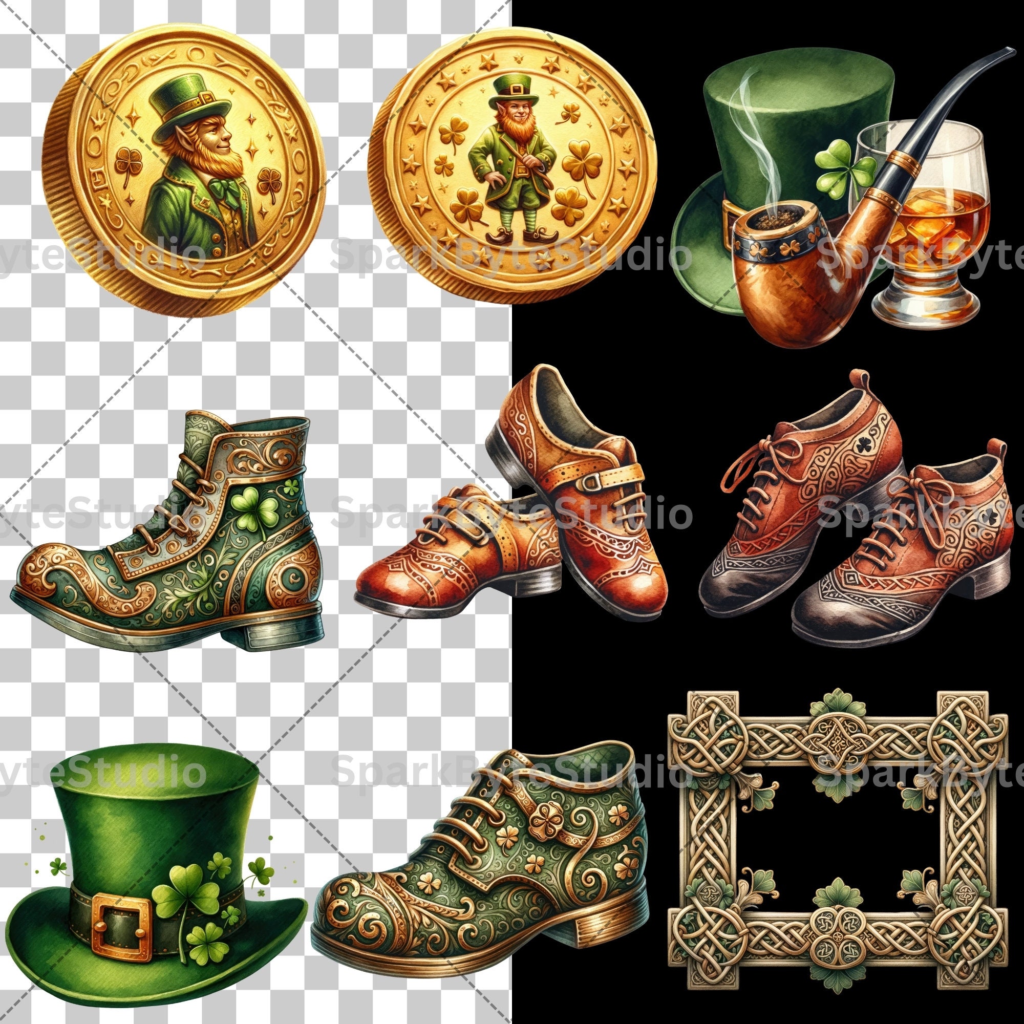 St. Patrick Day Watercolor Clipart, Leprechaun, Shamrock, Pot of Gold ...
