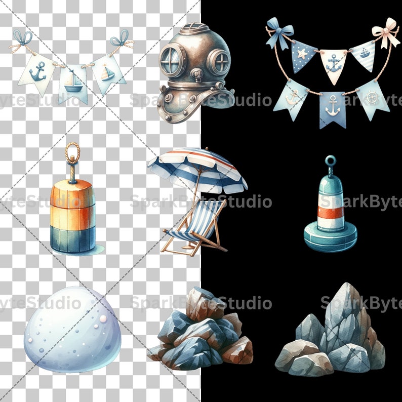 Nautical Clipart, Ocean Waves, Lighthouse, Ship, Anchor, Seashell ...