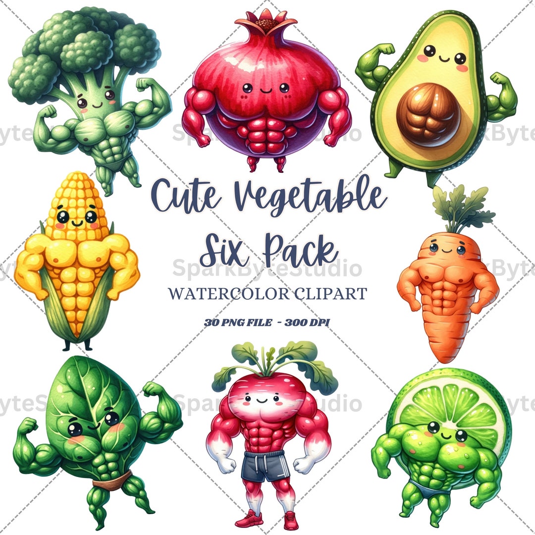 Cute Veggie Six Pack Clipart, Whimsical Vegitables Clipart, Funny ...
