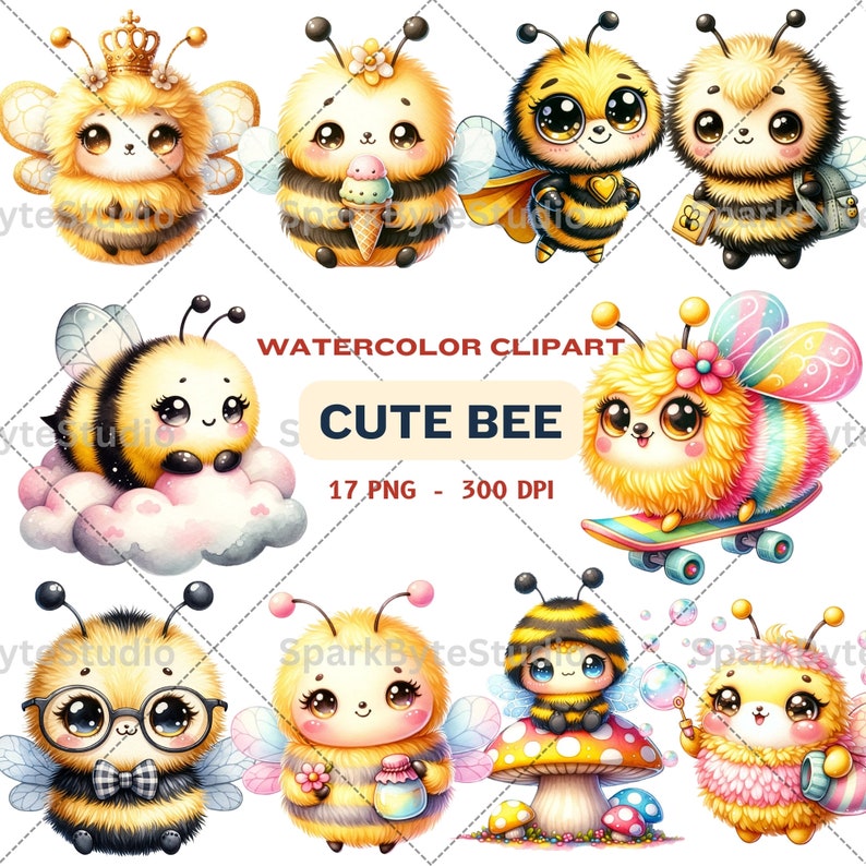 Cute Bee Watercolor Clipart, Kawaii Bee Clipart, Funny Bee Clipart ...