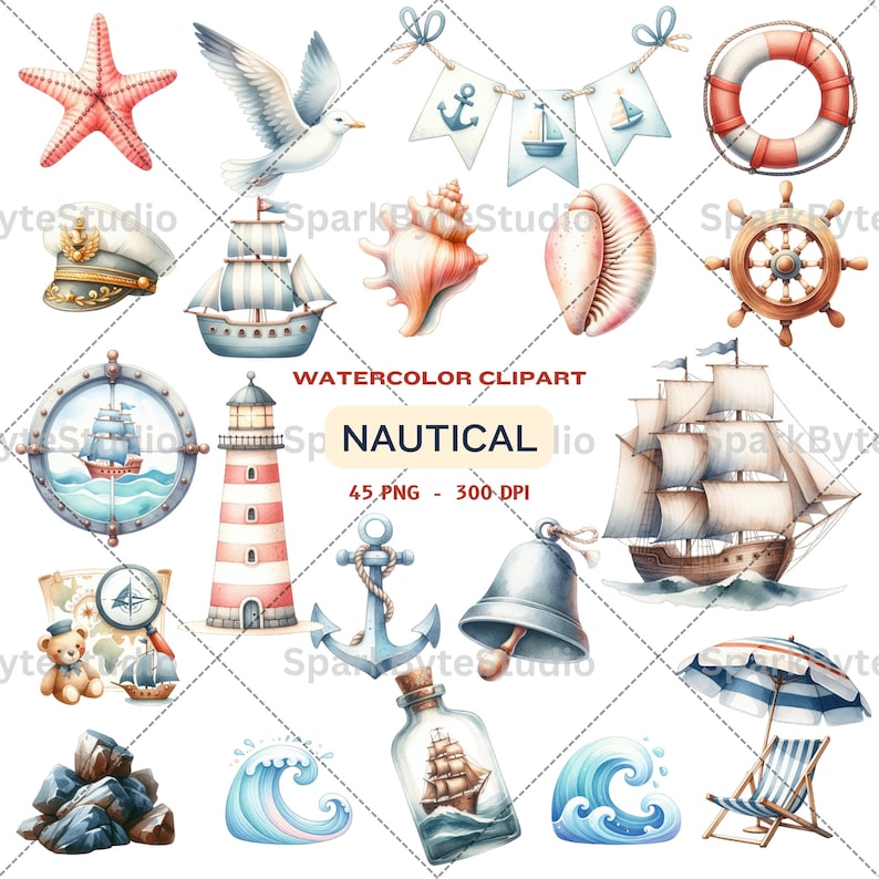 Nautical Clipart, Ocean Waves, Lighthouse, Ship, Anchor, Seashell ...