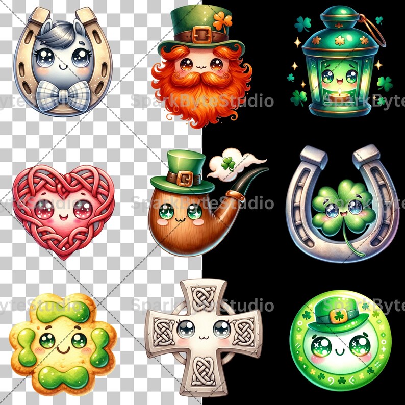St. Patrick Day Kawaii Watercolor Clipart, Leprechaun, Shamrock, Clover ...