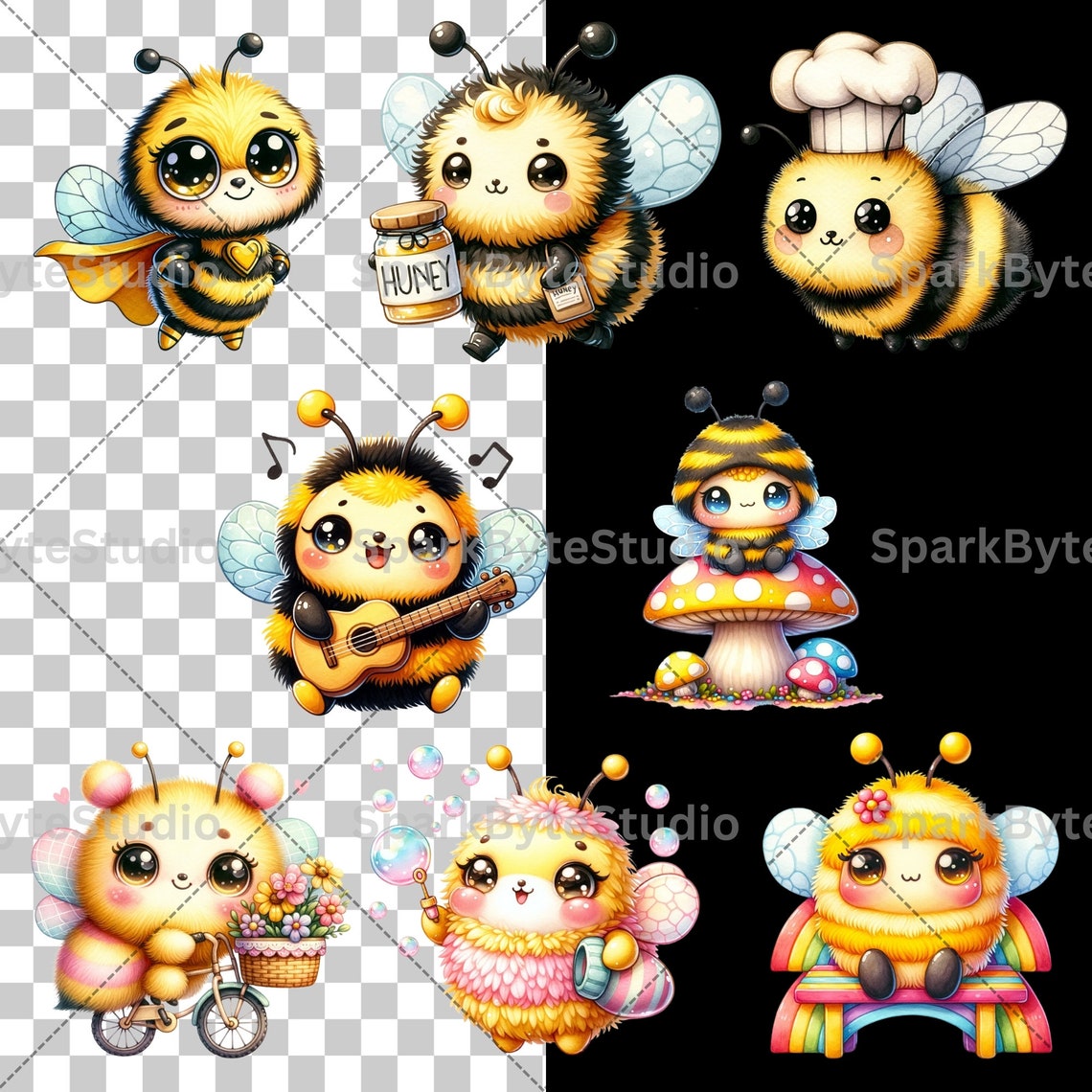 Cute Bee Watercolor Clipart, Kawaii Bee Clipart, Funny Bee Clipart ...