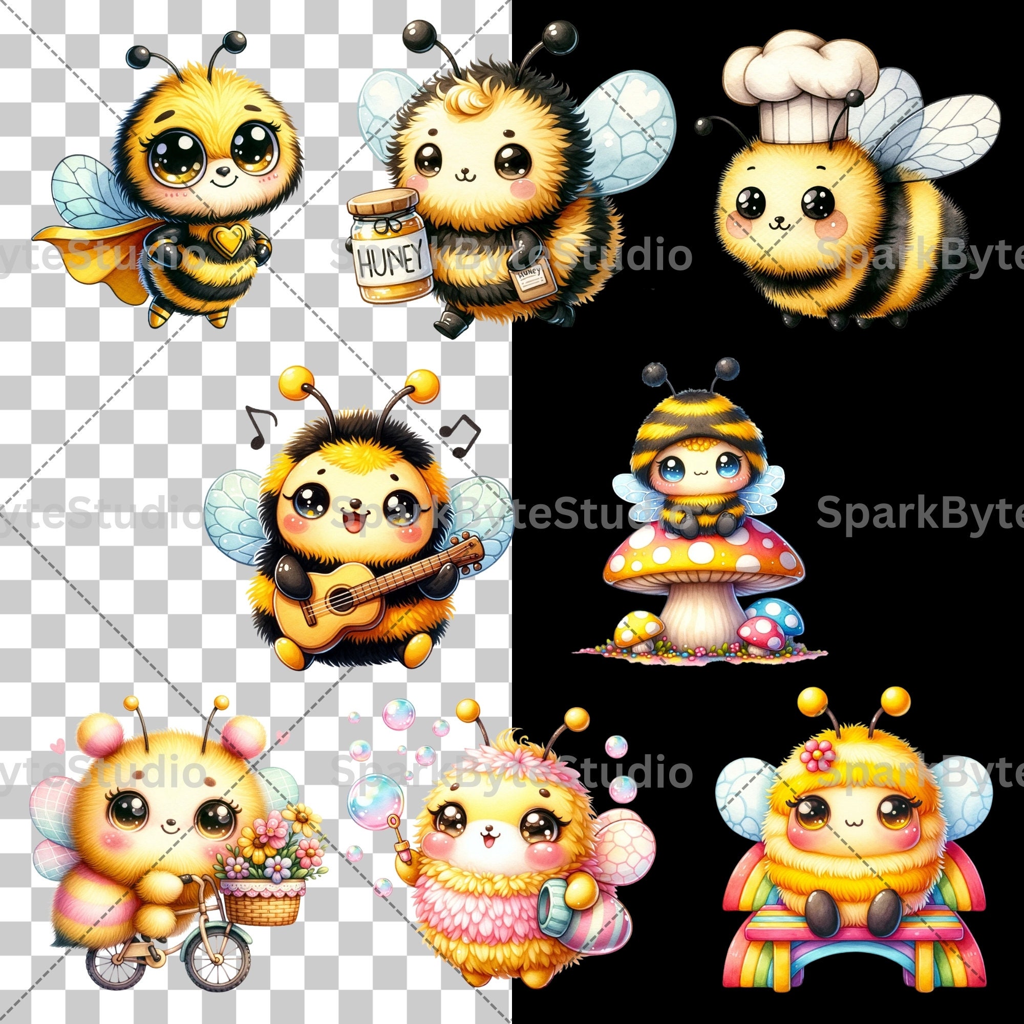 Cute Bee Watercolor Clipart, Kawaii Bee Clipart, Funny Bee Clipart ...